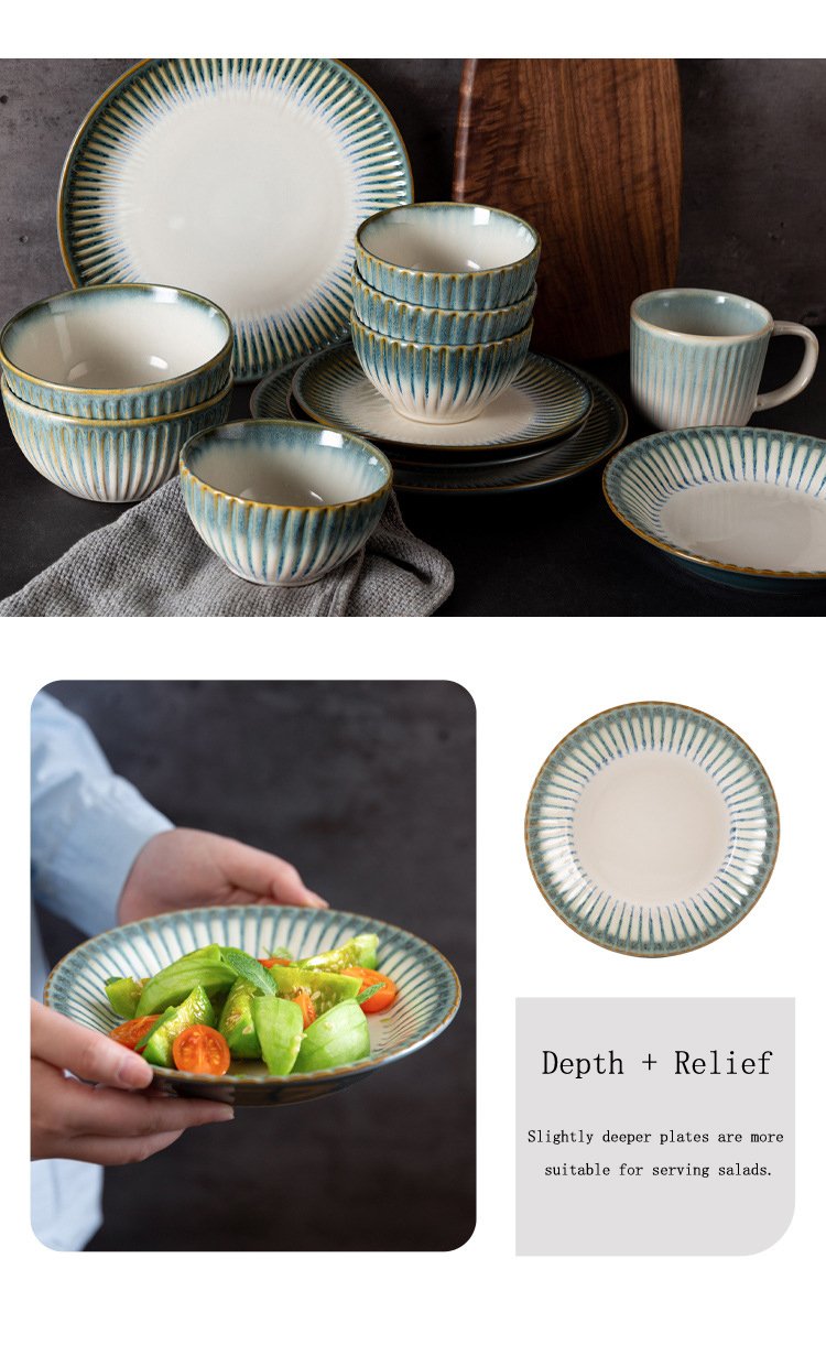 European Style Creative Household Blue Embossed Bowl and Plate Set ...